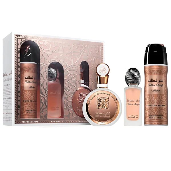 Estuche Lattafa Fakhar Women Edp 100ml + Deo 200ml + 50ml Hair Mist Mu ...